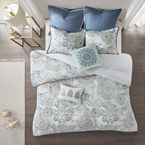 Madison Park Reversible Cotton Comforter Season Set, Matching Bed Skirt, Decorative Pillows, King(104"x92"), Isla, Floral Medallion Blue 8 Piece