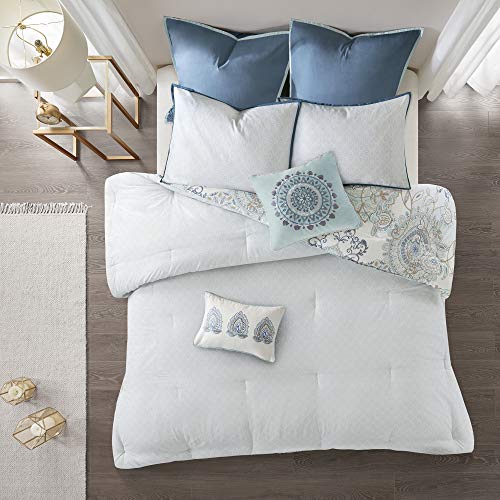 Madison Park Reversible Cotton Comforter Season Set, Matching Bed Skirt, Decorative Pillows, King(104"x92"), Isla, Floral Medallion Blue 8 Piece