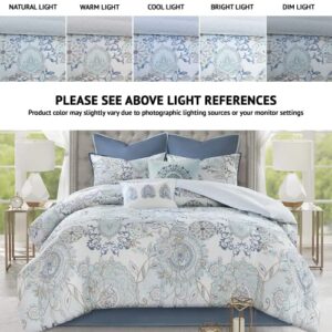 Madison Park Reversible Cotton Comforter Season Set, Matching Bed Skirt, Decorative Pillows, King(104"x92"), Isla, Floral Medallion Blue 8 Piece