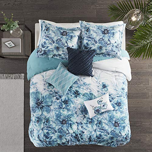 Madison Park 100% Cotton Comforter Set - Feminine Design Colorful Floral Print, All Season Down Alternative Bedding Layer and Matching Shams, King (104 in x 92 in), Enza, Teal 7 Piece