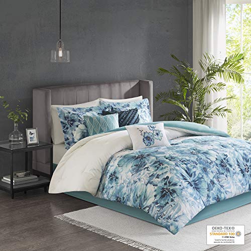 Madison Park 100% Cotton Comforter Set - Feminine Design Colorful Floral Print, All Season Down Alternative Bedding Layer and Matching Shams, King (104 in x 92 in), Enza, Teal 7 Piece