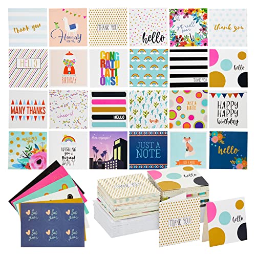 All Occasion Mini Notecards with Envelopes and 24 Stickers- 72-Pack Tiny Cute Greeting Cards for Birthday, Wedding, Party, Anniversary, Thank You, 24 Assorted Design, 3 of Each, Folded 2.5x2.5 Inches