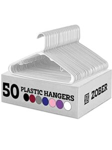 zober plastic hangers 50 pack - standard set of clothes hangers for coats, jackets & pants - slim coat hanger set for everyday use - clothing hangers w/hooks - heavy duty hangers, white