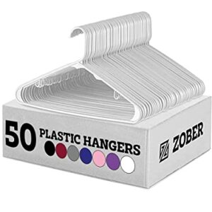 Zober Plastic Hangers 50 Pack - Standard Set of Clothes Hangers for Coats, Jackets & Pants - Slim Coat Hanger Set for Everyday Use - Clothing Hangers w/Hooks - Heavy Duty Hangers, White