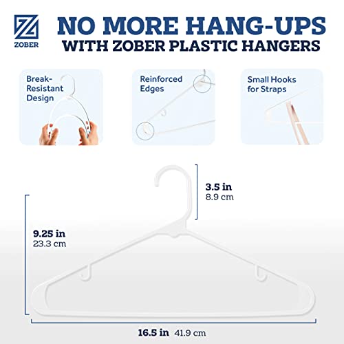 Zober Plastic Hangers 50 Pack - Standard Set of Clothes Hangers for Coats, Jackets & Pants - Slim Coat Hanger Set for Everyday Use - Clothing Hangers w/Hooks - Heavy Duty Hangers, White