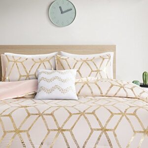 comfort spaces vivian comforter set ultra soft all season lightweight modern geometric glam metallic print bedding, matching sham, decorative pillow, full/queen, geometric blush/gold