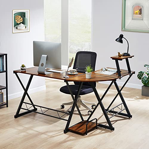 GreenForest L Shaped Desk 58” Reversible Corner Computer Desk with Movable Shelf and CPU Stand, Gaming Desk with Sturdy X Leg Space Saving Home Office Workstation Table, Walnut