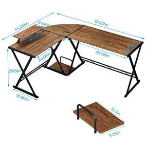 GreenForest L Shaped Desk 58” Reversible Corner Computer Desk with Movable Shelf and CPU Stand, Gaming Desk with Sturdy X Leg Space Saving Home Office Workstation Table, Walnut