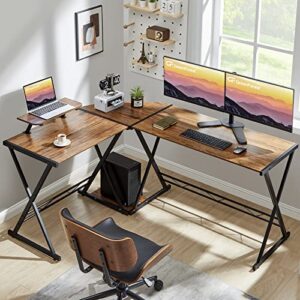 GreenForest L Shaped Desk 58” Reversible Corner Computer Desk with Movable Shelf and CPU Stand, Gaming Desk with Sturdy X Leg Space Saving Home Office Workstation Table, Walnut