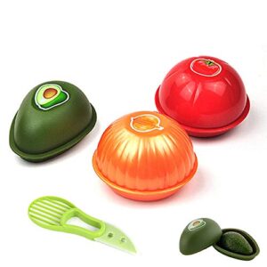 keepingcoox onion, tomato, and avocado keepers + avocado slicer/cutter set, vegetable shaped food savers, 2 silicone reusable beer saver caps as gift