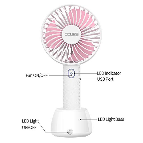 OCUBE Mini Handheld Fan,Small Personal Portable Hand Held Fan with 7 Color LED Light Base,Operated USB Rechargeable Desk Fan,3 Speeds Electric Lash Fan for Makeup (Pink)