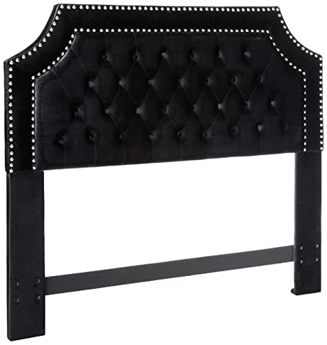 Iconic Home Chava Headboard Velvet Upholstered Button Tufted Double Row Silver Nailhead Trim Modern Transitional Full/, Queen, Black