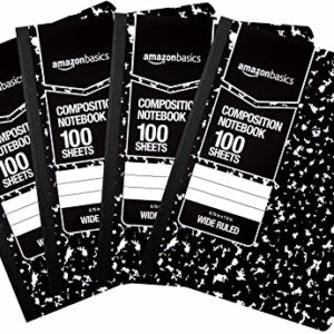 Amazon Basics Wide Ruled Composition Notebook, 100 Sheets, Marble Black, 4-Pack