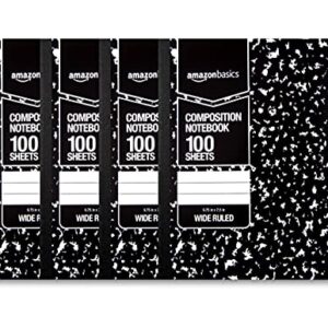 Amazon Basics Wide Ruled Composition Notebook, 100 Sheets, Marble Black, 4-Pack