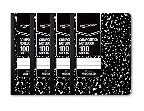 Amazon Basics Wide Ruled Composition Notebook, 100 Sheets, Marble Black, 4-Pack