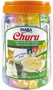 inaba churu cat treats, grain-free, lickable, squeezable creamy purée cat treat/topper with vitamin e & taurine, 0.5 ounces each tube, 50 tubes, tuna & chicken variety