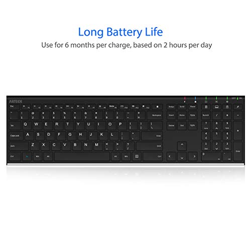 Arteck 2.4G Wireless Keyboard Stainless Steel Ultra Slim Full Size Keyboard with Numeric Keypad for Computer/Desktop/PC/Laptop/Surface/Smart TV and Windows 10/8/ 7 Built in Rechargeable Battery