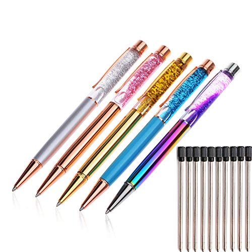 Liquid Sand Pen Ballpoint Pens 5 Pcs Metal Pen Refills Bling Dynamic Liquid Sand Pen Black Ink +10Pcs 2.75'' Ballpoint Pen Refills (5 Color)