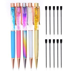 Liquid Sand Pen Ballpoint Pens 5 Pcs Metal Pen Refills Bling Dynamic Liquid Sand Pen Black Ink +10Pcs 2.75'' Ballpoint Pen Refills (5 Color)