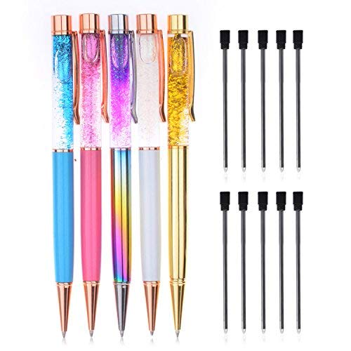 Liquid Sand Pen Ballpoint Pens 5 Pcs Metal Pen Refills Bling Dynamic Liquid Sand Pen Black Ink +10Pcs 2.75'' Ballpoint Pen Refills (5 Color)