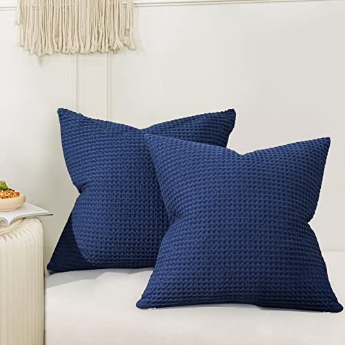 PHF 100% Cotton Waffle Weave Euro Shams 26" x 26", No Insert, 2 Pack Elegant Home Decorative Euro Throw Pillow Covers for Bed Couch Sofa, Navy Blue