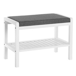 songmics shoe rack bench with cushion upholstered padded seat, storage shelf, shoe organizer, holds up to 350 lb, ideal for entryway bedroom living room hallway garage mud room gray and white ulbs65wn