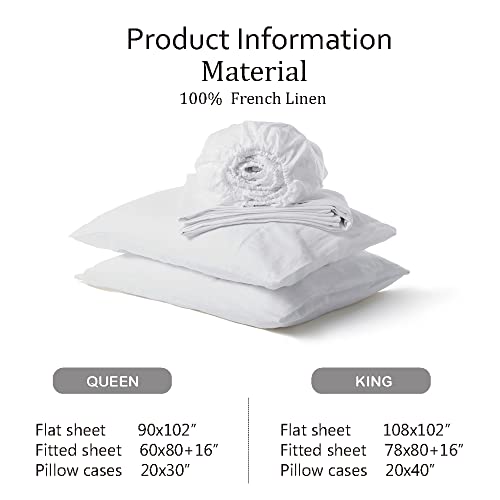 meadow park 100% Stone Washed Linen Sheets with Pillow Cases, King Size 4 Pcs Set, Deep Pocket, Soft and Breathable Fabric, Cool Night Sleep Comfort, White Color