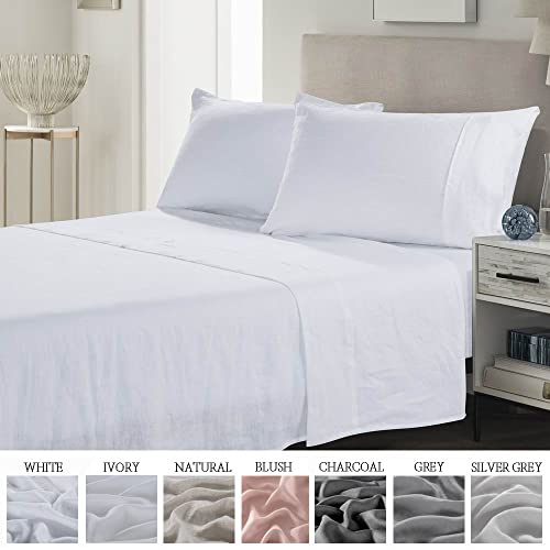 meadow park 100% Stone Washed Linen Sheets with Pillow Cases, King Size 4 Pcs Set, Deep Pocket, Soft and Breathable Fabric, Cool Night Sleep Comfort, White Color