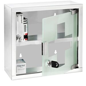 WENKO Medicine Cabinet with Lock, Wall mounted Bathroom Storage, Hanging Medical Cabinet, First Aid Wall Cabinet with Safety Glass Door, Modern, Small, 9.8 x 9.8 x 4.7 in, Silver Shiny