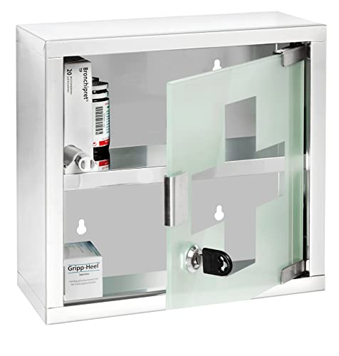 WENKO Medicine Cabinet with Lock, Wall mounted Bathroom Storage, Hanging Medical Cabinet, First Aid Wall Cabinet with Safety Glass Door, Modern, Small, 9.8 x 9.8 x 4.7 in, Silver Shiny