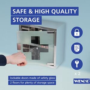 WENKO Medicine Cabinet with Lock, Wall mounted Bathroom Storage, Hanging Medical Cabinet, First Aid Wall Cabinet with Safety Glass Door, Modern, Small, 9.8 x 9.8 x 4.7 in, Silver Shiny