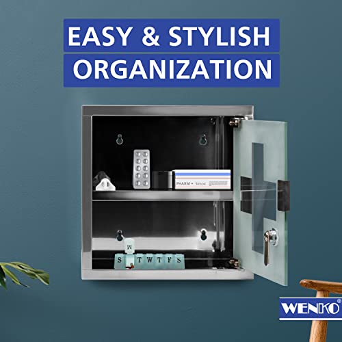 WENKO Medicine Cabinet with Lock, Wall mounted Bathroom Storage, Hanging Medical Cabinet, First Aid Wall Cabinet with Safety Glass Door, Modern, Small, 9.8 x 9.8 x 4.7 in, Silver Shiny