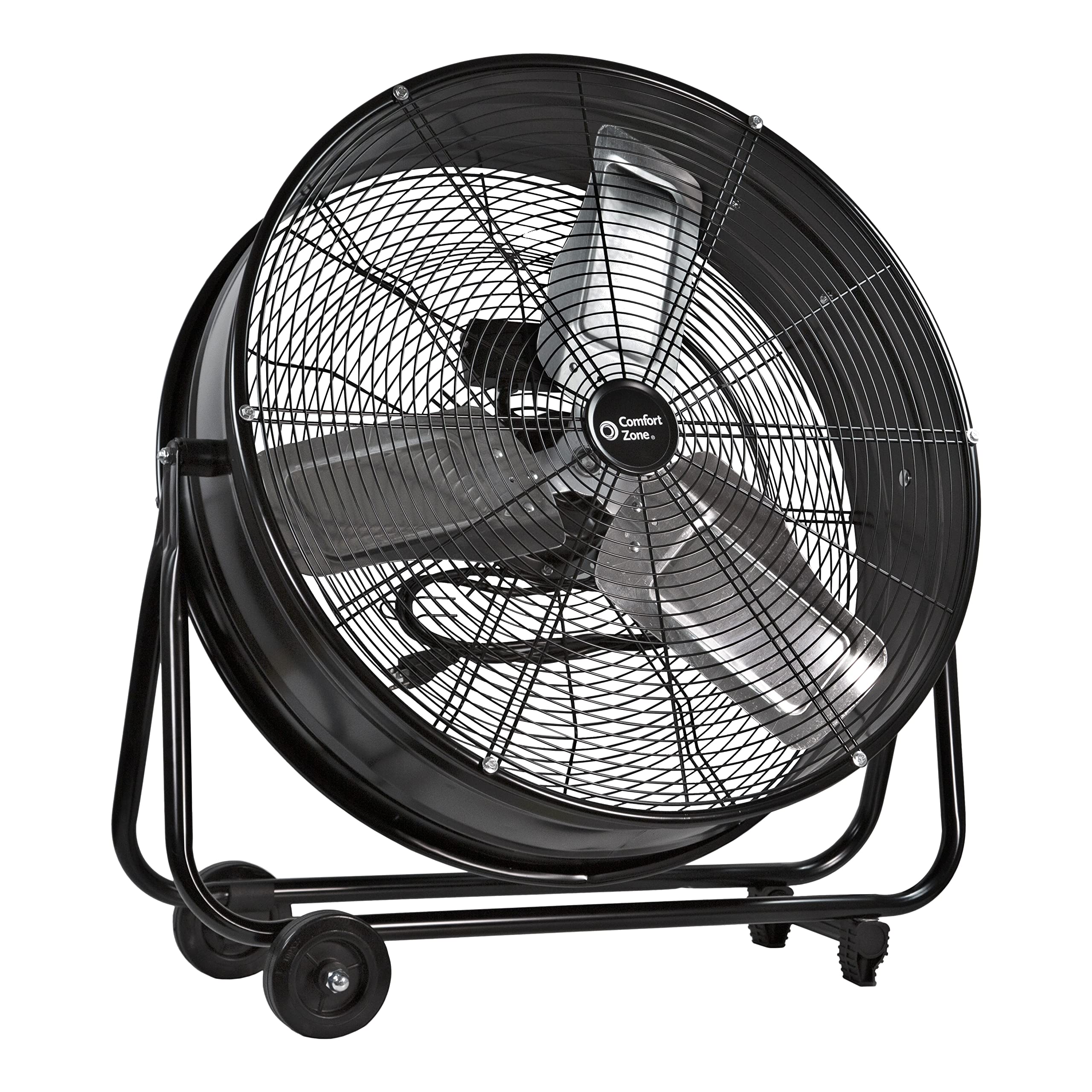 Comfort Zone CZMC24 24" 2-Speed High-Velocity Industrial Drum Fan with Aluminum Blades, 180-Degree Adjustable Tilt and Built-In Rubber Wheels