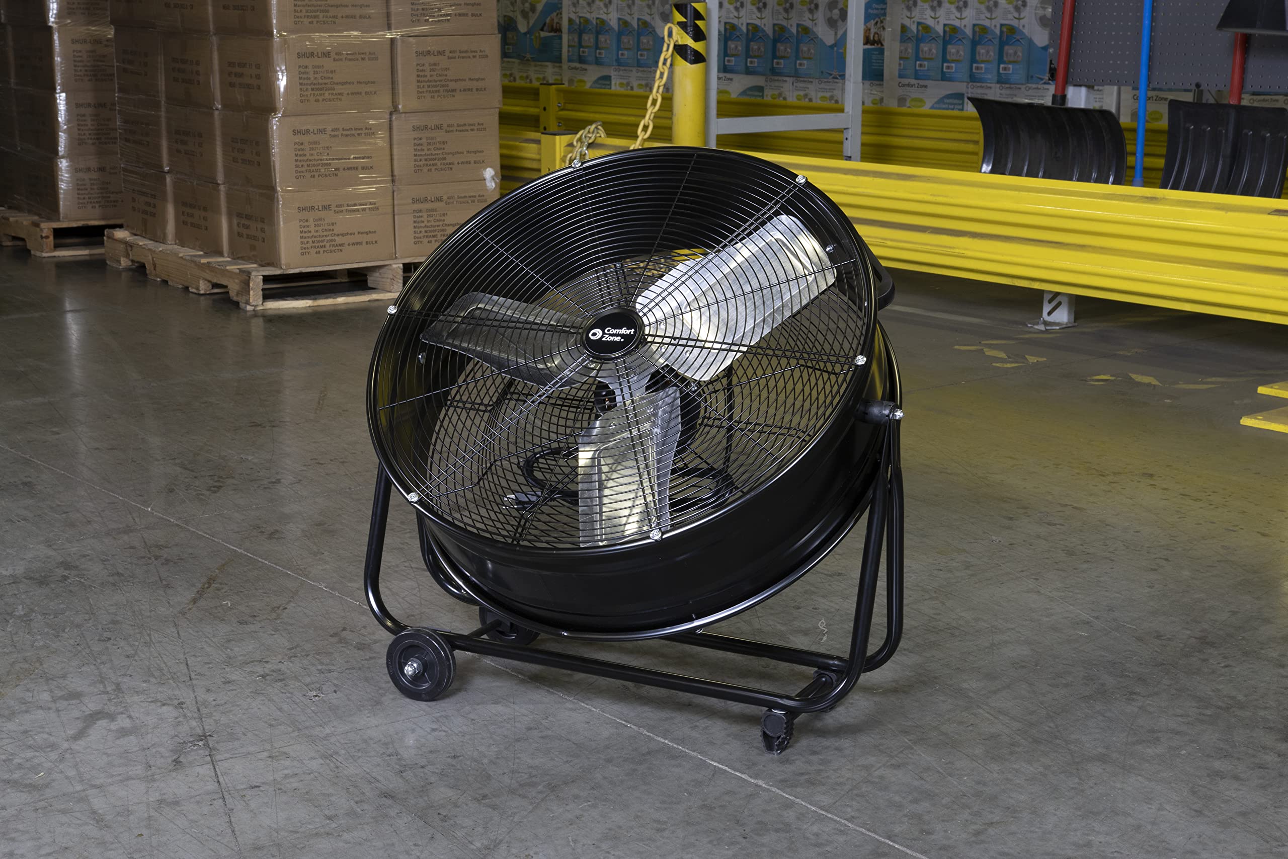 Comfort Zone CZMC24 24" 2-Speed High-Velocity Industrial Drum Fan with Aluminum Blades, 180-Degree Adjustable Tilt and Built-In Rubber Wheels