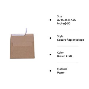 A7 Brown Kraft Paper Invitation 5 x 7 Envelopes - 50 Pack,Self Seal,For 5x7 Cards| Perfect for Weddings, Invitations, Baby Shower| Stationery For General, Office | 5.25 x 7.25 Inches