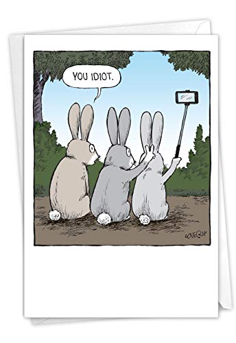 NobleWorks - 1 Humor Birthday Card with Envelope - Funny Cartoons for Birthday Greetings, Celebration Notecard - Bunny Selfies C2750BDG