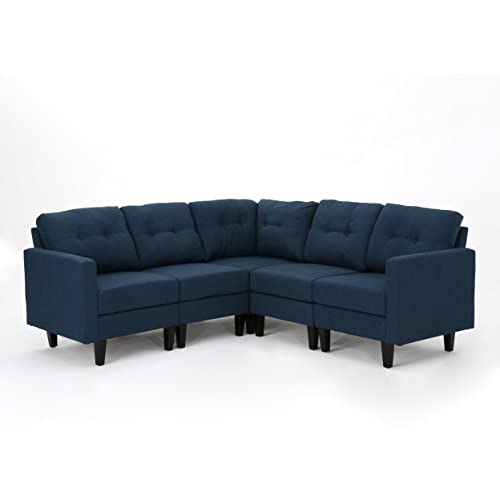 Christopher Knight Home Emmie Mid-Century Modern 5-Piece Sectional Sofa, Navy Blue / Dark Brown