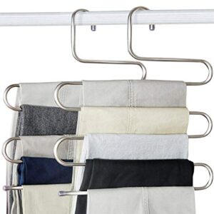 devesanter pants hangers non-slip s-shape trousers hangers stainless steel clothes hangers closet storage organizer for pants jeans scarf (4 pack with 10 clips)