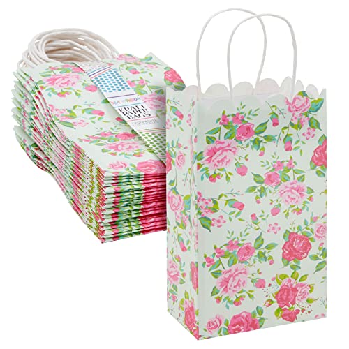 BLUE PANDA 24 Pack Small Floral Gift Bags with Handles for Mothers Day, Birthday, Wedding, Baby Shower, Themed Party Favors (5 x 8.5 x 3 In)