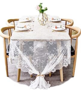 boxan 60x120 inch gorgeous white lace tablecloth overlay rose vintage embroidered, romantic boho wedding reception table decor, baby & bridal shower décor, elegant chic outdoor tea party tablecover