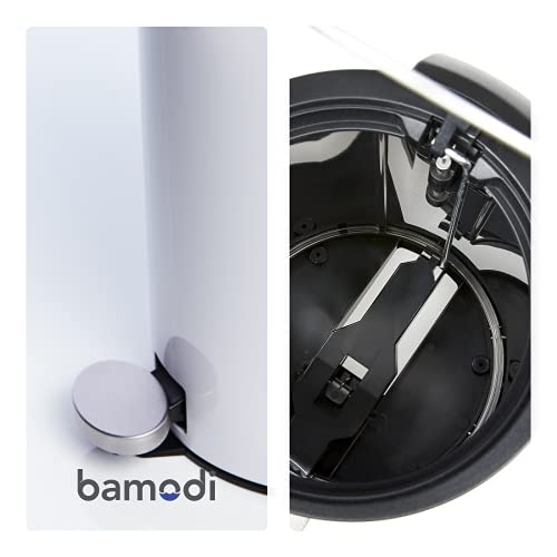 Bamodi Mini Step Trash Can with Lid - 0.8 Gallon Stainless Steel Garbage Can - Soft-Closing System and Removable Inner Bucket Trash Bin - Ideal for Bathroom, Bedroom and Kitchen - White