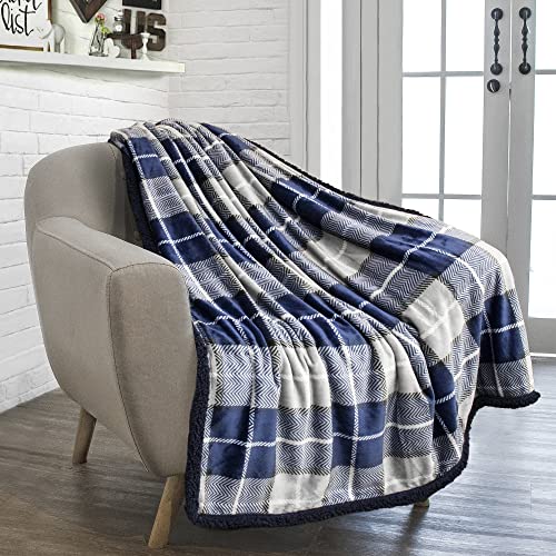 PAVILIA Premium Plaid Sherpa Fleece Throw Blanket | Super Soft, Cozy, Plush, Lightweight Microfiber, Reversible Throw for Couch, Sofa, Bed, All Season (50 X 60 Inches Navy Blue)