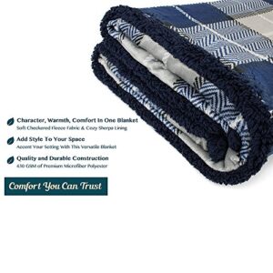 PAVILIA Premium Plaid Sherpa Fleece Throw Blanket | Super Soft, Cozy, Plush, Lightweight Microfiber, Reversible Throw for Couch, Sofa, Bed, All Season (50 X 60 Inches Navy Blue)