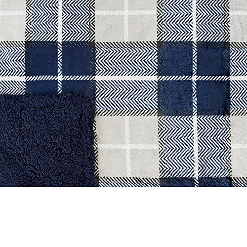 PAVILIA Premium Plaid Sherpa Fleece Throw Blanket | Super Soft, Cozy, Plush, Lightweight Microfiber, Reversible Throw for Couch, Sofa, Bed, All Season (50 X 60 Inches Navy Blue)