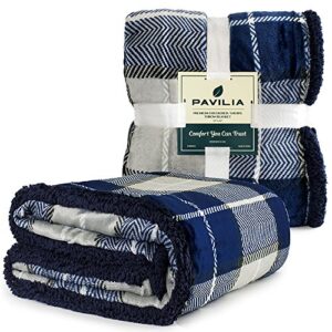 PAVILIA Premium Plaid Sherpa Fleece Throw Blanket | Super Soft, Cozy, Plush, Lightweight Microfiber, Reversible Throw for Couch, Sofa, Bed, All Season (50 X 60 Inches Navy Blue)