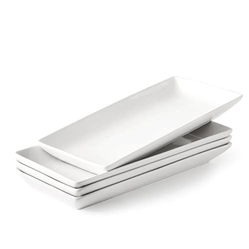 LAUCHUH Porcelain Serving Platter Rectangular Plate / Tray for Party, 14-Inch Large White Microwave And Dishwasher Safe Set of 4