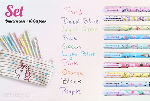 Cutieyou Unicorn Flamingo Gel Ink Pens 10 pcs + Unicorn Pencil case, fine Point 0.5mm Pen – Unicorn gift for girls