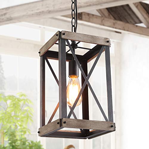 LNC Farmhouse Pendant Lighting Fixture Rustic Wood Cage Chandelier for Kitchen Island, Entryway, Foyer, Living and Dining Room, Brown, Rectangle