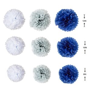 Tissue Paper Flowers Pom Poms Party Decorations Navy Blue White Grey Tassel Garland for Wedding Bridal Shower Graduation Bachelorette Celebrate First Birthday Graduate Supplies (Navy Blue-White-Grey)