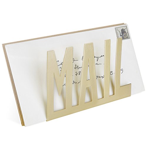 MyGift Modern Brass Metal Mail Holder Countertop Organizer with Cutout Mail Lettering Design, Office Desktop Envelope and Document Storage Rack